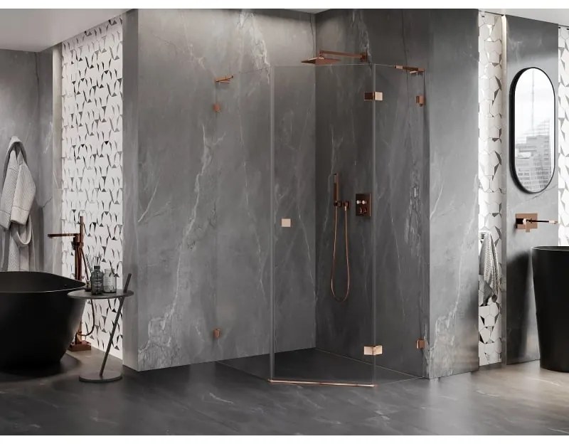 Mexen Lunar, L pětiúhelníkový sprchový kout s pravým sklonem 80 x 100 cm, 8mm čiré sklo, profil růžové zlato, 831L-080P-100L-60-00-P