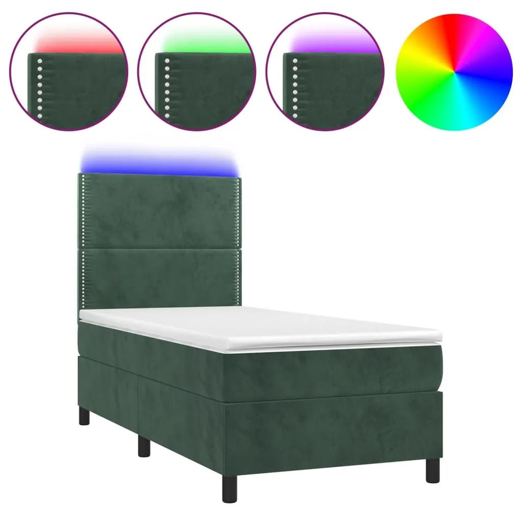 vidaXL Box spring postel s matrací a LED tmavě zelená 90x190 cm samet