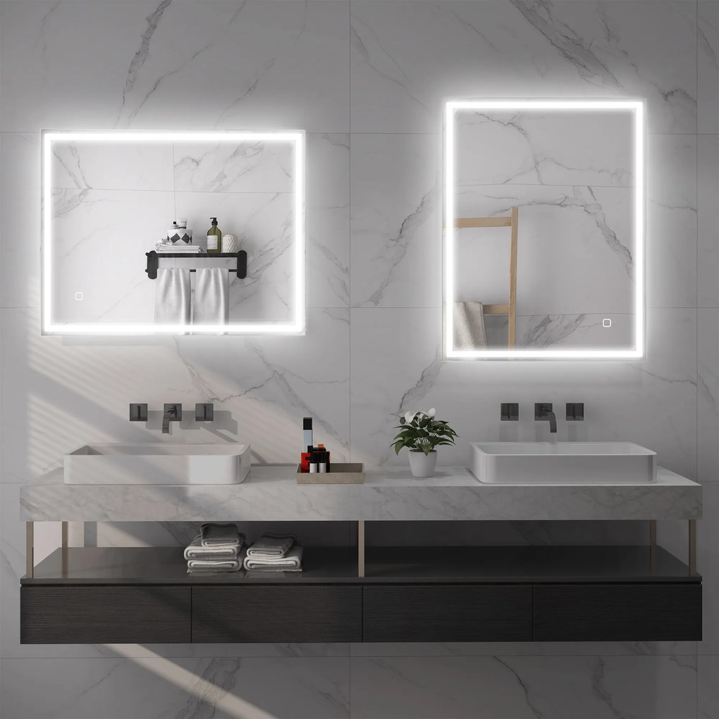 HOMCOM Koupelnové zrcadlo s osvětlením 90x70 cm LED zrcadlo Nástěnné zrcadlo s paměťovou funkcí 3 barvy světla Stříbrná