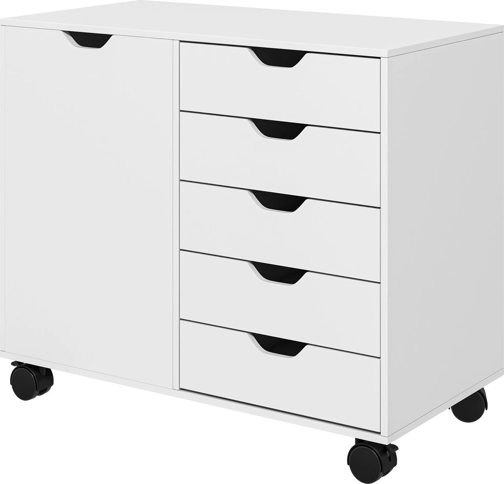 HOMCOM Kancelářská Skříň s 5 Šuplíky a 1 Stojanem na Tiskárnu na Kolečkách s Nastavitelnou Policí, 78 x 40 x 66,5 cm, Bílá | Aosom
