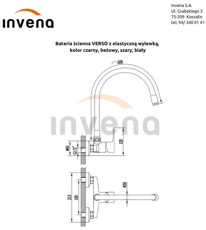 Invena Verso, nástěnná kuchyňská baterie 150mm s elastickým ramenem, černá matná, INV-BC-82-E44-L