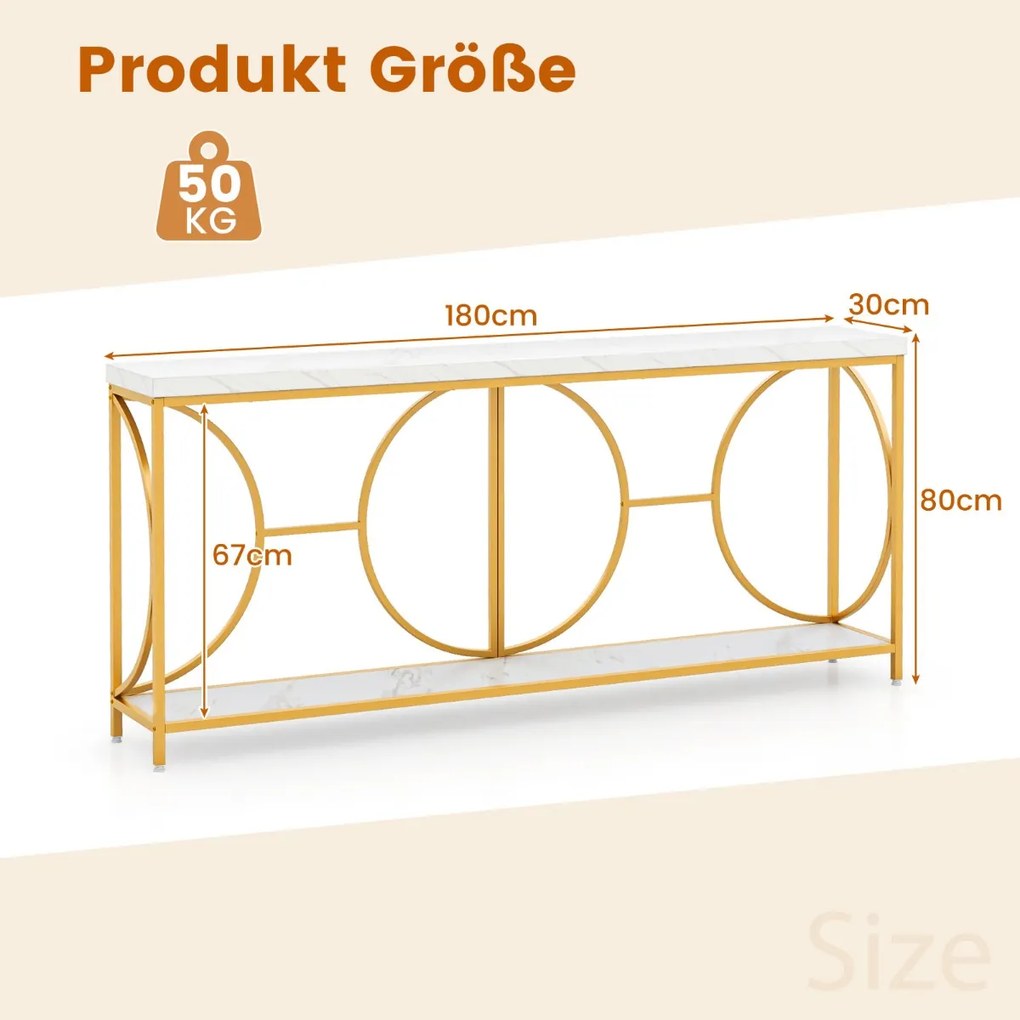 Costway 180 cm konzolový stůl úzký mramorový s geometrickým kovovým rámem, bílý
