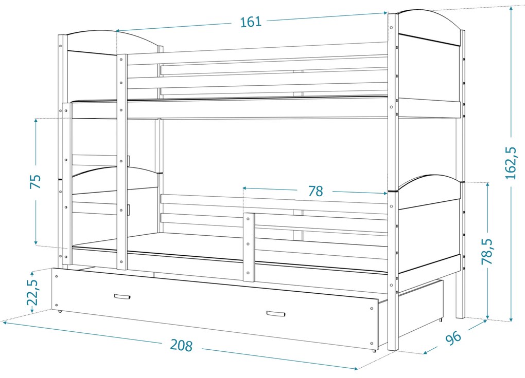 BabyBeds Dětská patrová postel s úložným prostorem MATYÁŠ borovice Velikost postele: 200x90 cm, Barva šuplíku: Modrá