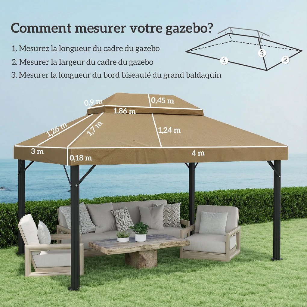 Outsunny náhradní potah pro altán 4 x 3 m, dvojitá střecha s odtokovými otvory, polyester 370 g/m², béžová