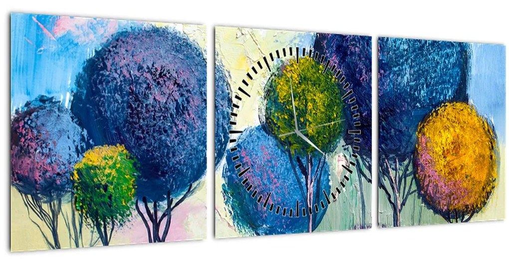Obraz kopulovitých stromů, olejomalba (s hodinami) (90x30 cm)