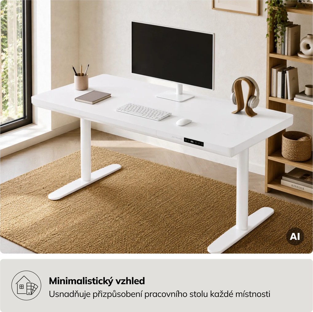 Elektrický psací stůl sit-stand se zásuvkou a bezdrátovou nabíječkou Qi bílý, 1400 mm: ELLIS