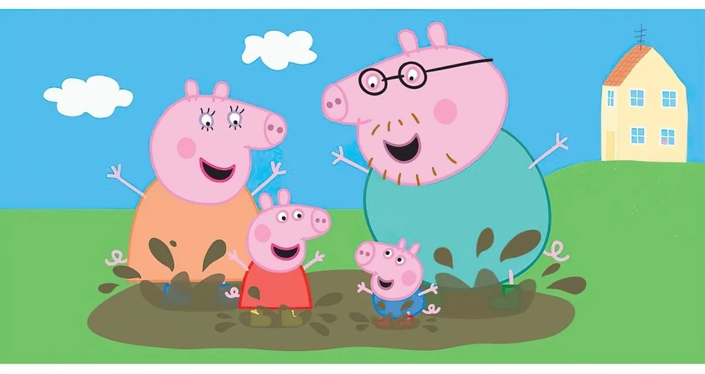 Carbotex Dětská plážová osuška PRASÁTKO PEPINA (PEPPA) RODINKA V LOUŽI, modro-zelená, froté, 70x140cm