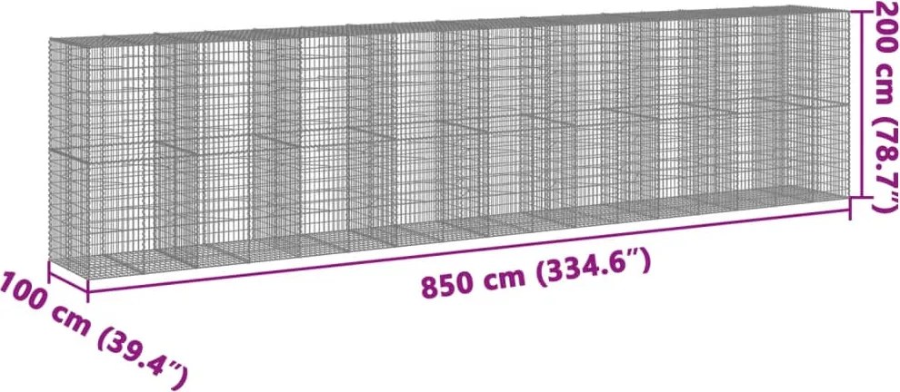 Gabionový koš s víkem 850 x 100 x 200 cm pozinkované železo 3295240