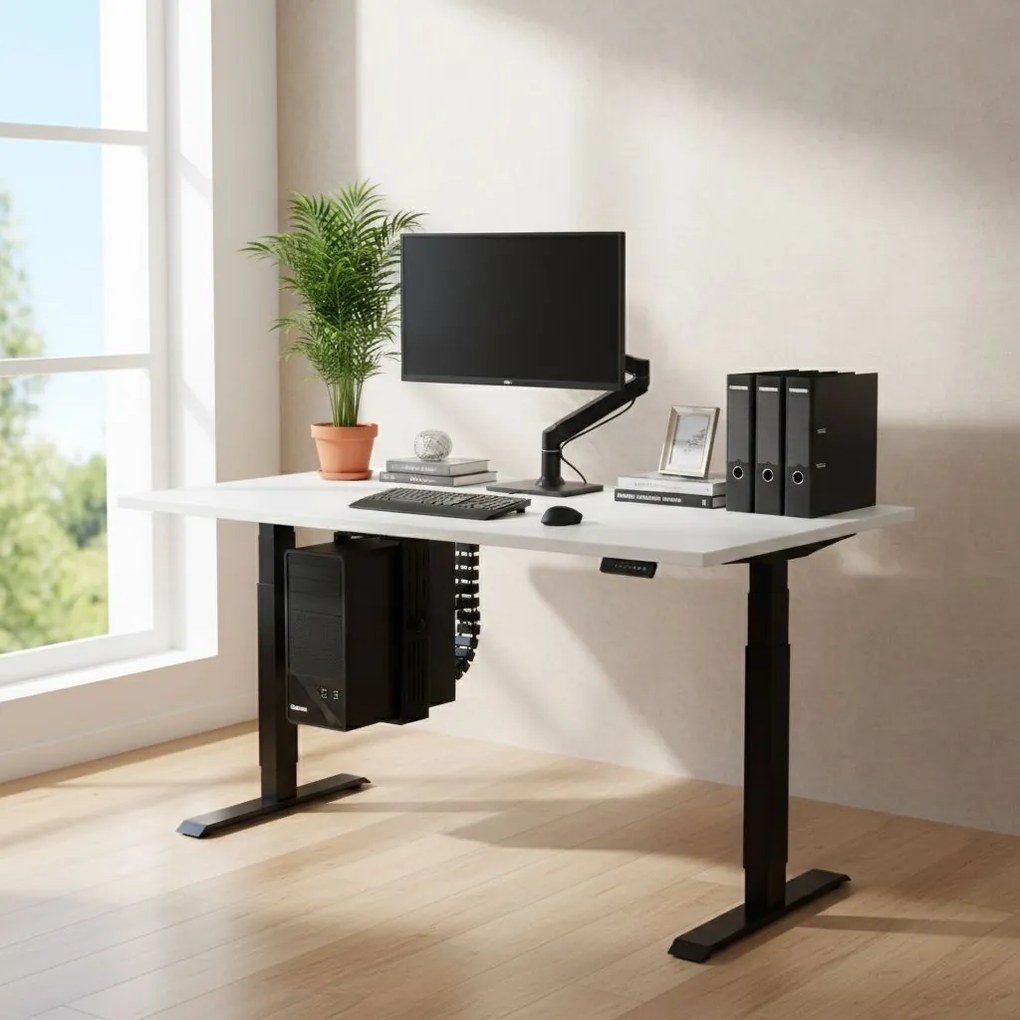 Výškově nastavitelný stůl OfficeTech D, 180 x 80 cm, černá podnož, bílá
