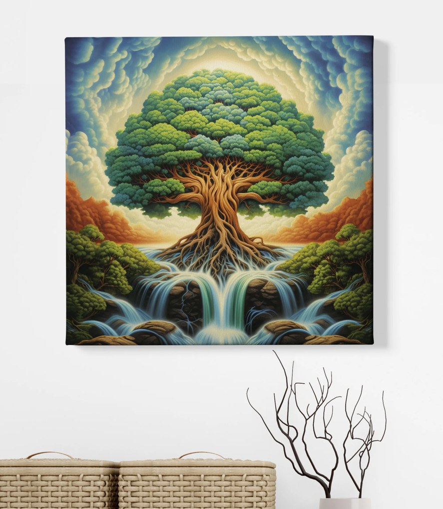 Obraz na plátně - Košatý strom života s vodopádem a mraky FeelHappy.cz Velikost obrazu: 100 x 100 cm