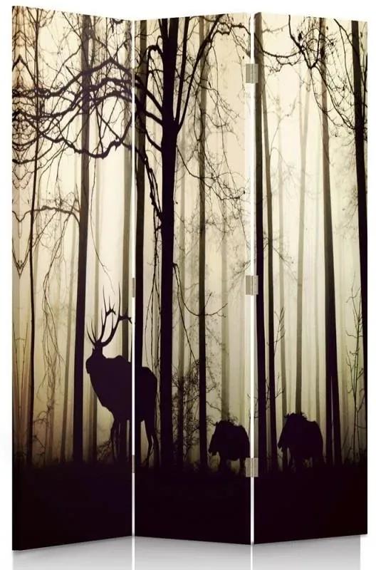 Ozdobný paraván Jelen v lese Fog Brown - 110x170 cm, třídílný, obustranný paraván 360°
