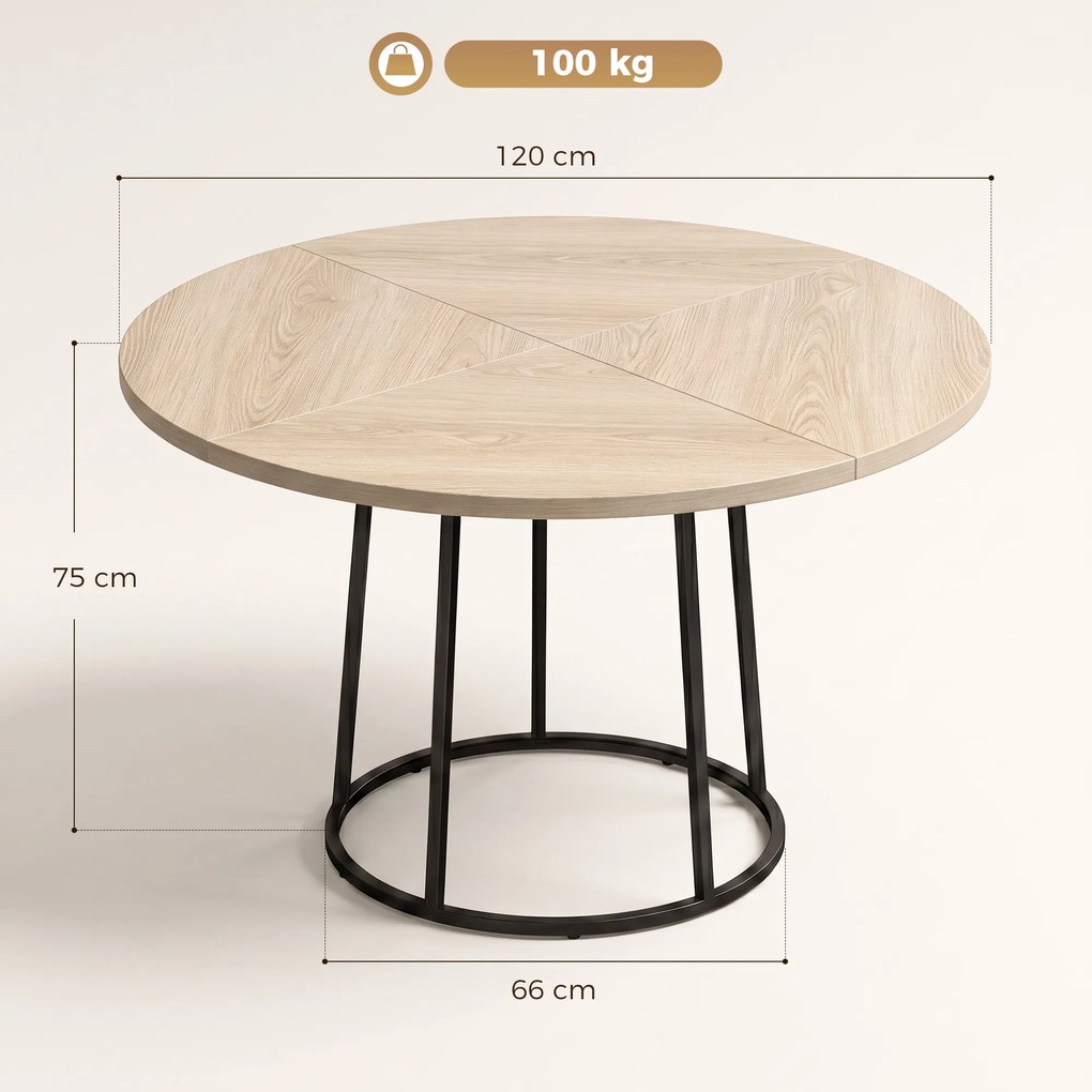 HOMCOM Kulatý jídelní stůl pro 4–6 osob, Ø 120 x 75 cm, kuchyňský stůl s kuželovou kovovou konstrukcí, přírodní dřevo