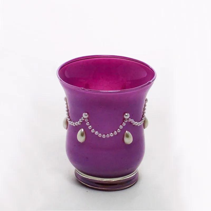 Skleněný svícen na čajovou svíci v barvě Lila s dekorem bílých perliček