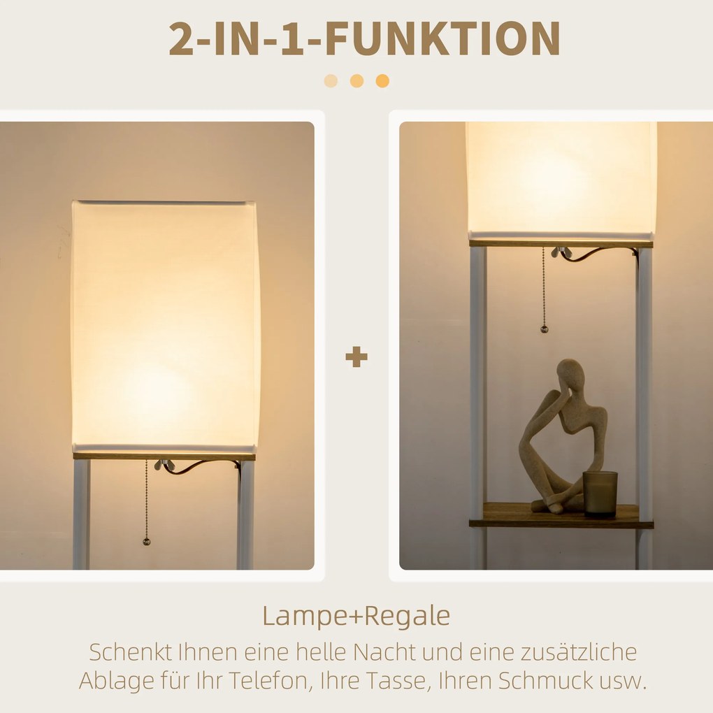 HOMCOM Stojací lampa s paticí E27 40 W Stojací lampa se 3 přihrádkami a látkovým stínidlem do obývacího pokoje ložnice v bílé barvě