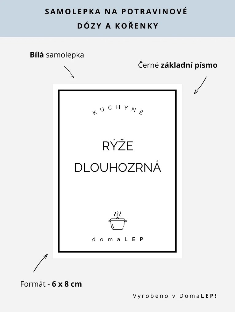 RÝŽE DLOUHOZRNNÁ– bílá samolepka na dózu, základní písmo, 6 x 8 cm | DomaLEP