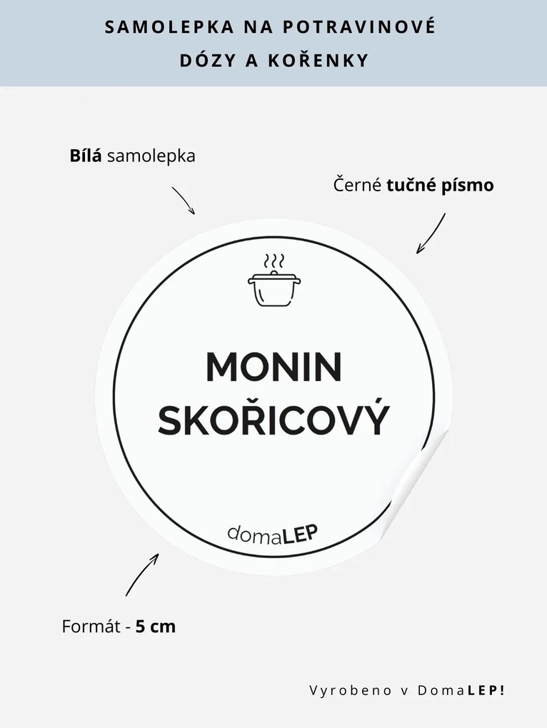 Samolepka na láhev MONIN SKOŘICOVÝ průměr 5 cm – bílá vinylová, voděodolná, omyvatelná samolepka na dózy, tučné písmo