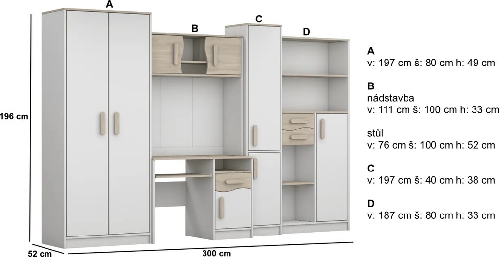 IDZ Sestava nábytku do dětského pokoje MACIUS, 300 cm Bílá + Dub Sonoma / Barevné úchytky Barva: Dub