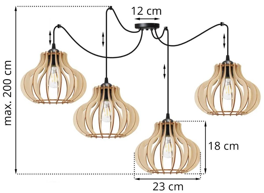 Závěsné svítidlo TIMBER SPIDER 3, 4x dřevěné stínítko