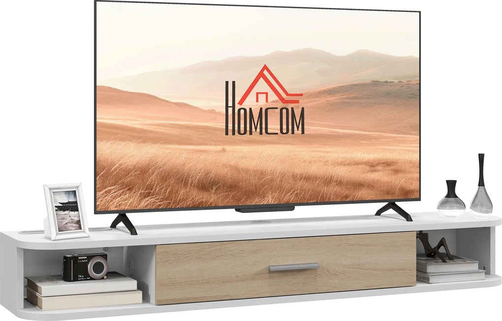HOMCOM Nástěnný TV stojan, skříňka na TV pro televize až 50 palců s 2 otevřenými přihrádkami a skříňkou s klopným víkem 120L x 26W x 16H cm Bílá