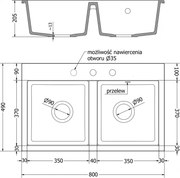 Mexen Hektor, 2-komorový granitový dřez 800x480x205 mm, černá-zlatá metalíza, chromový sifon, 6521802000-75