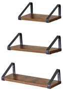 Nástěnné regály, industriální design, sada 3 ks, vintage hnědá-černá, 10x30-35-40x12 cm
