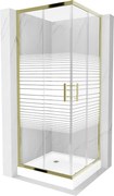 Mexen Rio, čtvercový sprchový kout s posuvnými dveřmi 70 (dveře) x 70 (dveře) x 190 cm, 5mm čiré sklo s pásky, zlatý profil + bílá sprchová vanička RIO, 860-070-070-50-20-4510
