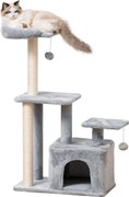 PawHut kočičí škrabadlo 114 cm s sisalovými sloupy, 3 platformami, útulným domkem a 2 visícími míčky - světle šedé | Aosom