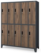 Plechová šatní skříňka na nožkách s 10 boxy BARTEK, 1360 x 1720 x 450 mm, Eco Design: antracitová/ ořech