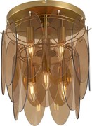 Art Deco plafondlamp goud met amber glas ovaal 6-lichts - Mochan