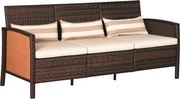 Outsunny Ratanová pohovka s polstry, pro 3 osoby, zahradní lounge pohovka, ocel, hnědá, 173 x 68 x 78 cm | Aosom