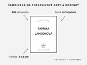 PAPRIKA LAHŮDKOVÁ - omyvatelná samolepka na kořenky, výběr rozměrů Ø 5 cm / 5 x 5 cm / 6 x 8 cm | DomaLEP tvar: OBDÉLNÍK, barva: BÍLÁ - ČERNÉ písmo, velikost: š. 6 cm x v. 8 cm - tučné písmo