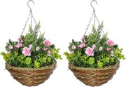 Outsunny Sada 2 Umělých Rostlin Lisianthus v Květináči s Háčkem, Umělé Rostliny z PE a Slinky, Ø25x34 cm, Zelená a Růžová | Aosom