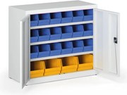 Skříň s plastovými boxy BASIC - 800 x 400 x 920 mm, 18x B, 4x C, šedá/šedé dveře