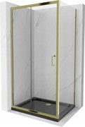 Mexen Apia sprchový kout s posuvnými dveřmi 100 (dveře) x 70 (stěna) cm, 5mm čiré sklo, zlatý profil + černá sprchová vanička SLIM, 840-100-070-50-00-4070G