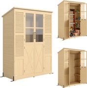 Outsunny choditelný zahradní domek z jedlového dřeva se šikmou asfaltovou střechou, 4 okny, 6 policemi, větráním a protizvrtným kitem — 147 x 68 x 198