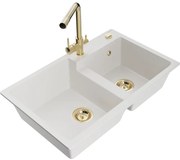 Mexen Tomas, granitový dřez 800x500x190 mm, 2-komorový a bílá baterie Duero, bílá, 6516-20-671600-50