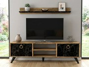 TV stolek ZEN 160 cm s nástěnnou policí, dekor ořech/černý mramor