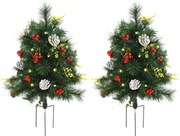 HOMCOM Sada 2 vánočních stromků, umělý mini vánoční stromek s LED světly, plast, kov, rozměry 33 x 75 cm, zelená