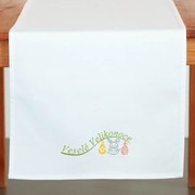Ubrus Veba GARBO bavlněný satén bílá s výšivkou Veselé velikonoce s nešpinivou úpravou Velikost: 40x140 cm