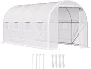 Zahradní tunelová skleník Outsunny s 8 okny a rolovacími dveřmi, kovový rám a polyethylenový kryt, 5x2x2m, bílý | Aosom