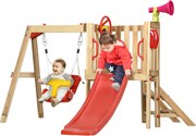 Outsunny 4-v-1 Dřevěná houpačka a skluzavka pro děti ve věku 18-48 měsíců – Hřiště s houpačkou, skluzavkou, volantem, houkačkou a telefonem pro zahrad