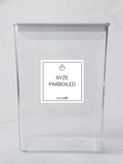 RÝŽE PARBOILED– bílá samolepka na dózu, základní písmo, 5 x 5 cm | DomaLEP