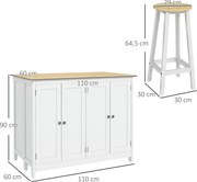 HOMCOM Kuchyňský Islandový Vozík se 2 Stoličkami, Sada Barového Stolu a Stoliček s Sklopným Pracovním Pultem, 2 Skříně s 4 Dveřmi, Moderní Design, Bíl
