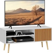 HOMCOM Moderní TV stolek pro obývací pokoj s 2 otevřenými policemi, 1 dvířky a otvorem na kabely pro TV do 55 palců 110x40x50cm Bílá a přírodní | Aoso