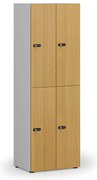 Dřevěná šatní skříňka S4 s úložnými boxy, 4 boxy, demont, mechanický kódový zámek, šedá/buk