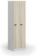 Zúžená kovová šatní skříňka S1, 2 oddíly, 1850 x 500 x 500 mm, demont, mechanický kódový zámek, laminované dveře, dub přírodní
