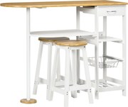HOMCOM Set barového stolu s 1 zásuvkou, 2 policemi, odnímatelným košíkem a regálem na víno, výška stolu 119x38.5x88.5 cm a 2 stoličky 29x29x55 cm pro