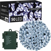 LED světelný řetěz - 5m, 50LED, 8 funkcí, 3xAA, IP44, studená bílá