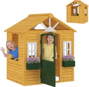 AIYAPLAY dřevěný dětský domeček venkovní — dveře, 3 okna, 2 truhlíky, 3–8 let — 134,5 × 97 × 150 cm, hnědý | Aosom