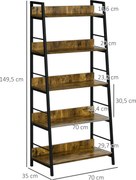 HOMCOM Knihovna v industriálním stylu, nakloněná, 5 polic, 70L x 35W x 150H cm | Aosom